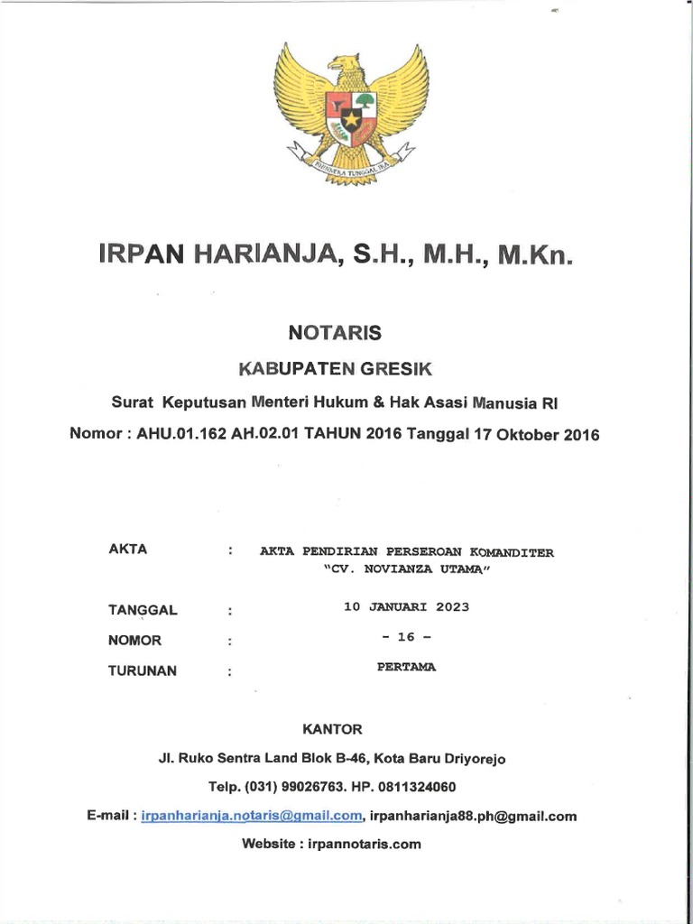 Akta Pendirian Cv. Novianza Utama | PDF