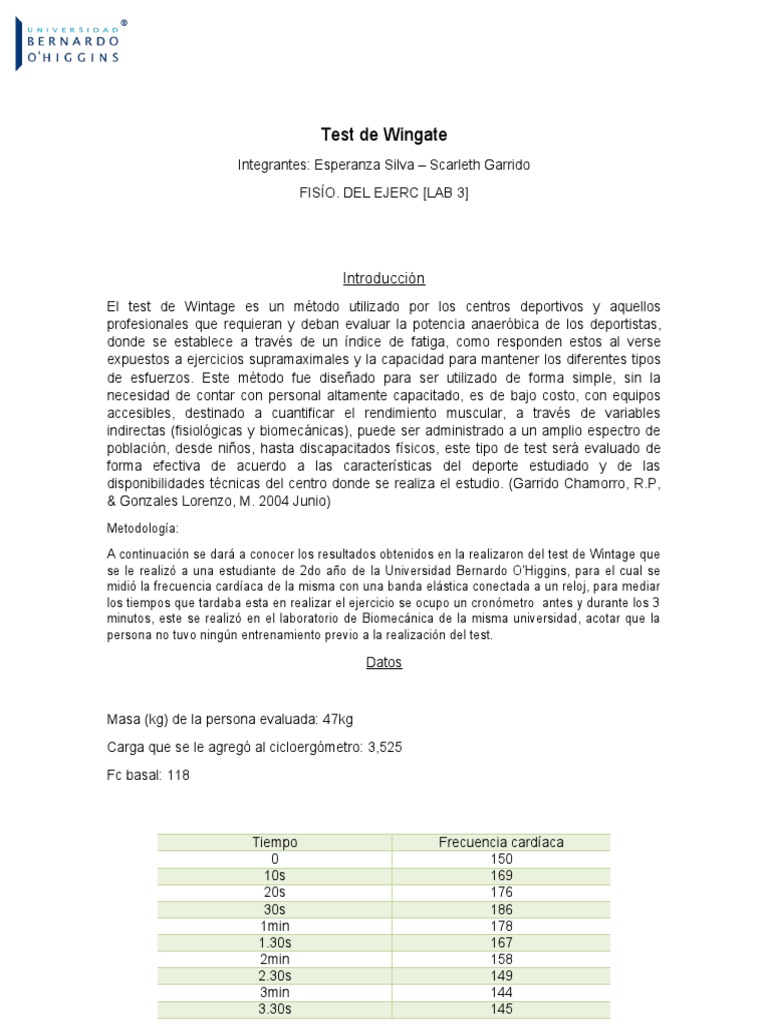 Test de Wingate Esperanza - Scarleth | PDF | Ácido láctico | Glucólisis