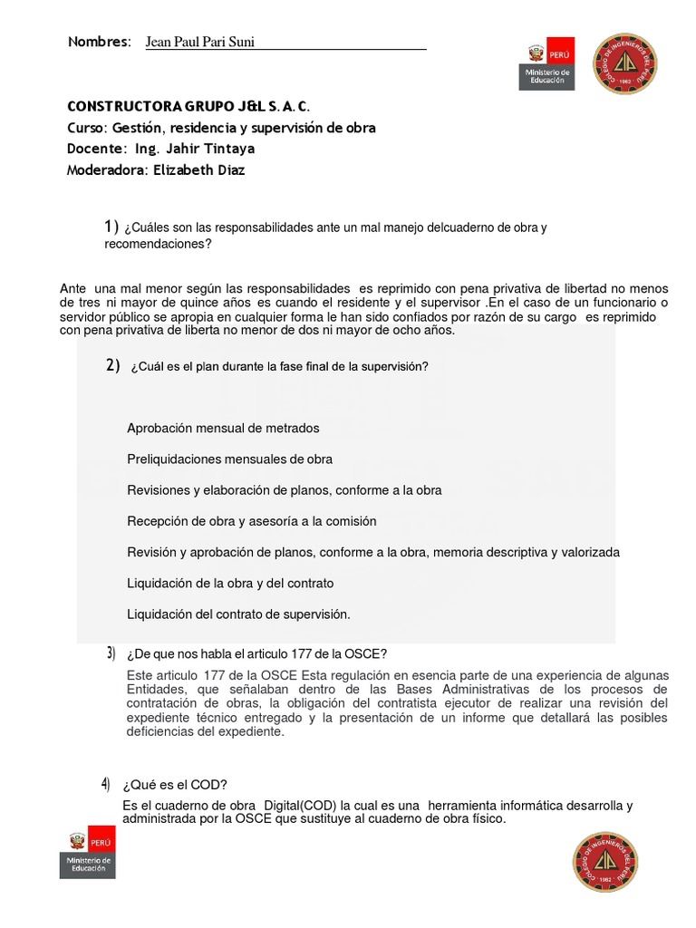 Examen Gestión, Residencia y Supervisión de Obra-JEAN PAUL PARI SUNI | PDF | Seguro