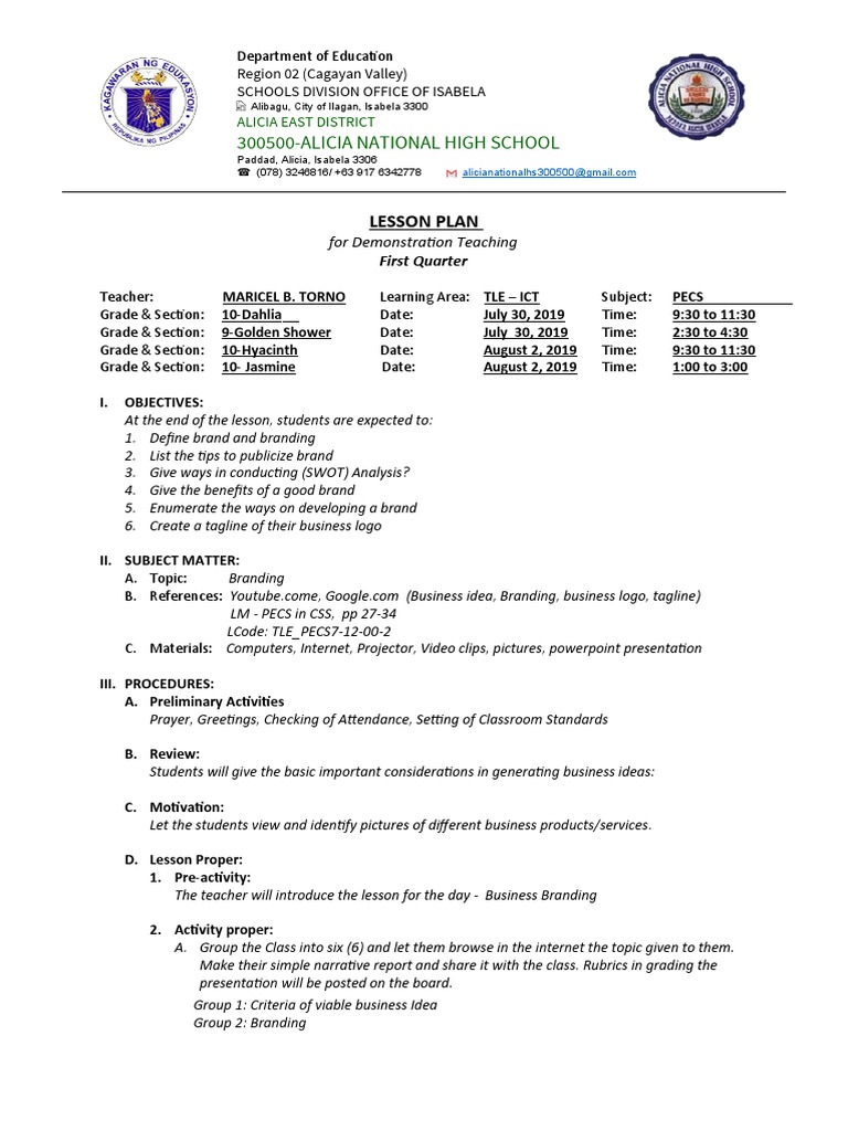 Grade 10 Branding Lesson Plan | PDF | Brand | Swot Analysis