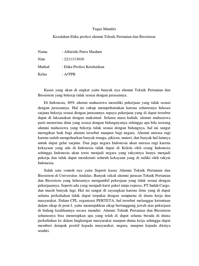Alfarizki Putra Mashun - 2211113016 - Kelas A TPB - Paper Kesalahan Etika Profesi Alumni Teknik ...