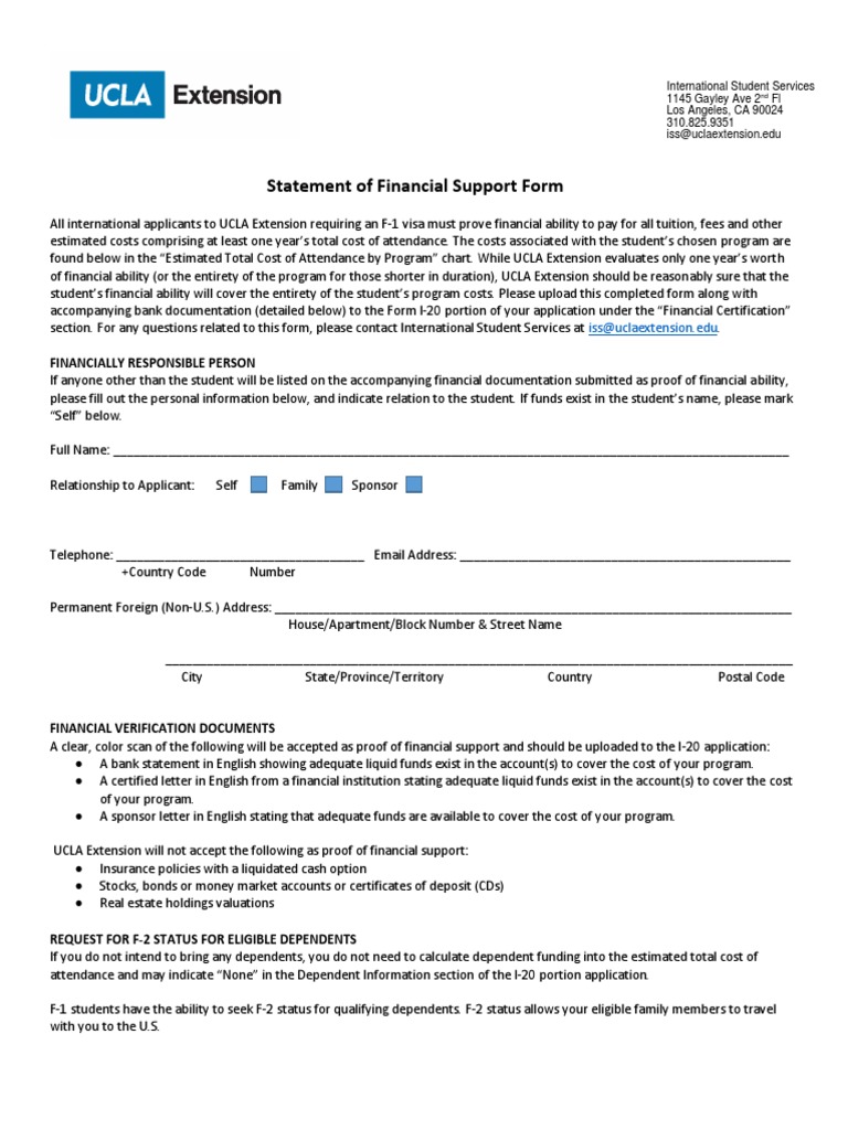 Ucla Extension Statement of Financial Support Form | PDF | Service Industries | Economies
