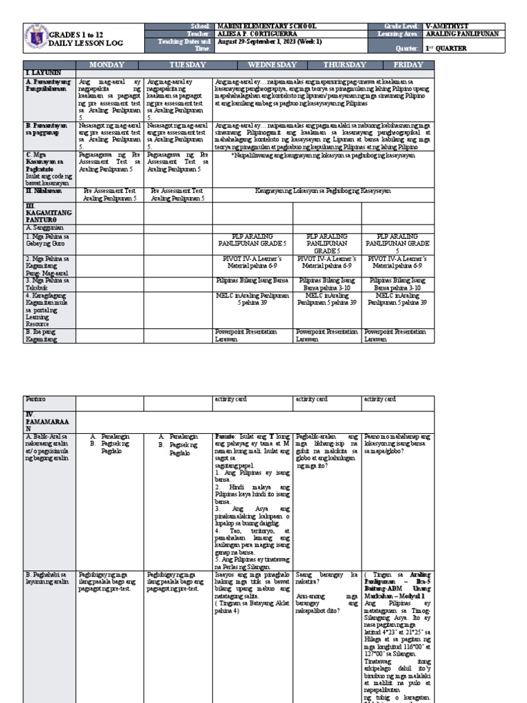 Q1 DLL WK1 Araling Panlipunan 5 | PDF