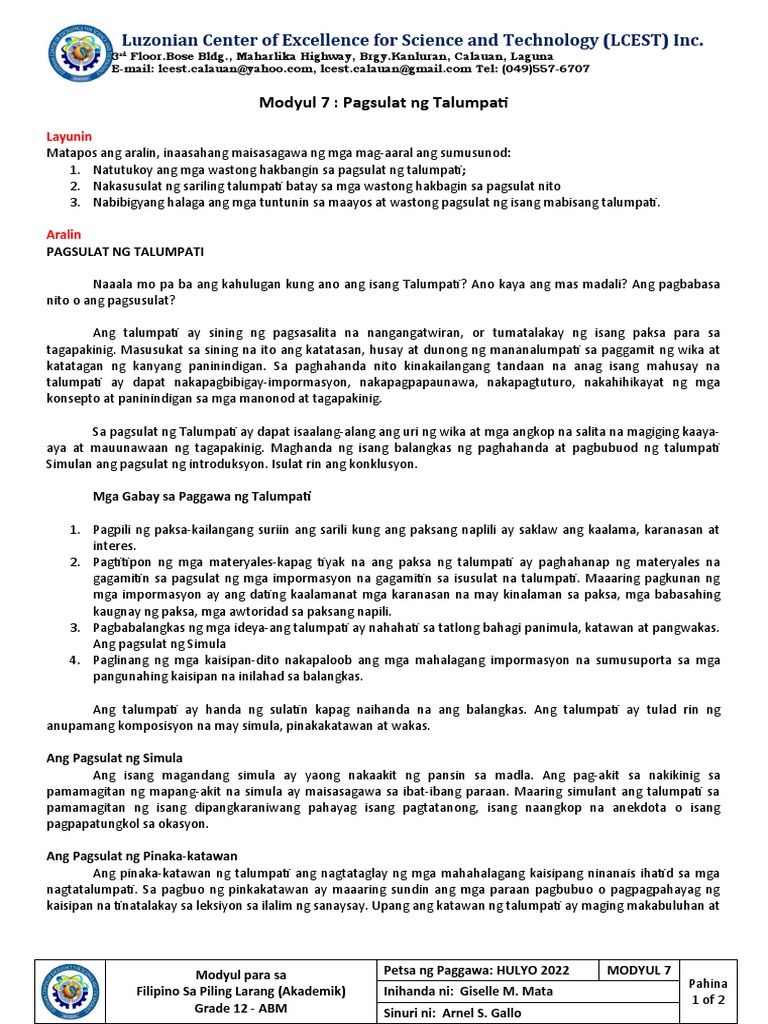 12 Piling Larang Akademik Week 7 Module 7 | PDF