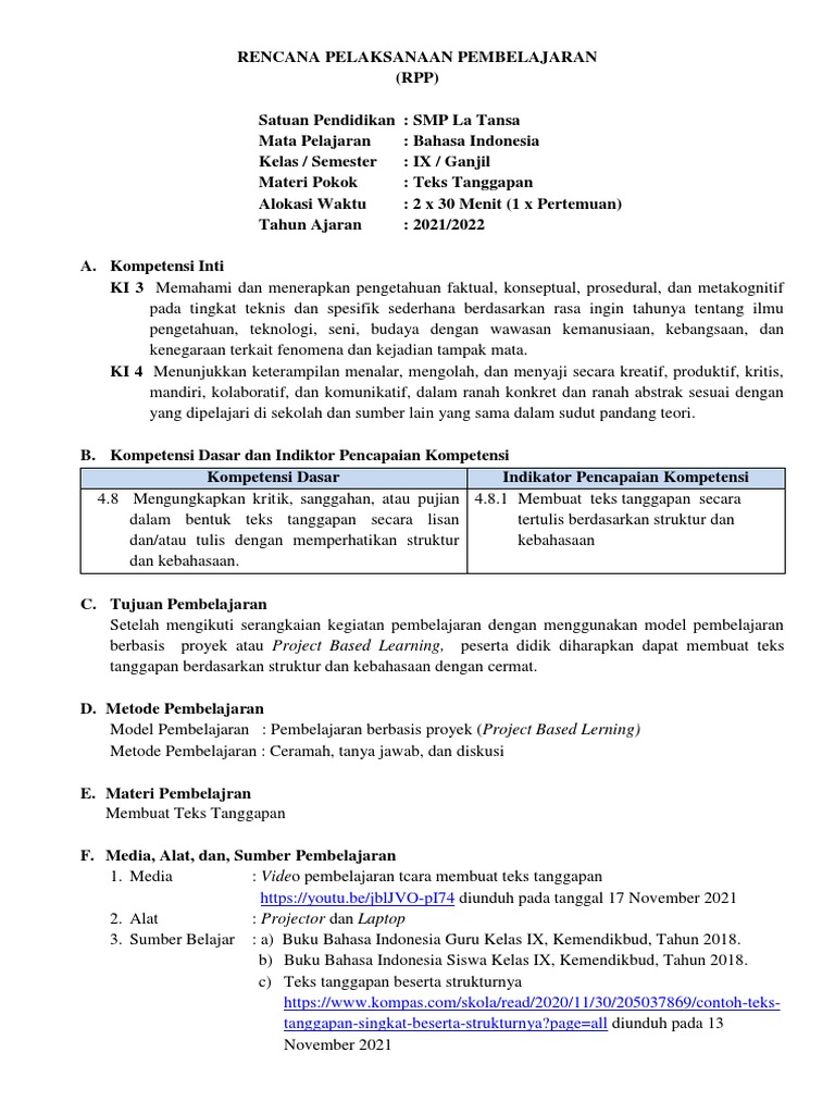RPP 3 Menulis Teks Tanggapan PERBAIKAN - Compressed | PDF | Karier & Perkembangan | Seni