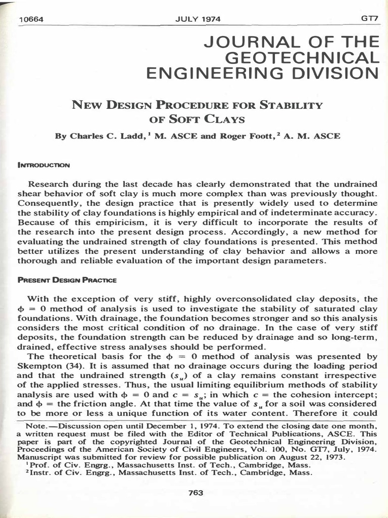 New Design Procedure For Stability of Soft Clays Ladd, C. C., & Foott, R. (1974) | PDF