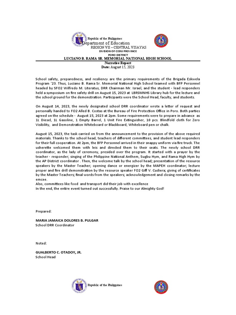Narrative Report FIRE DRILL23 | PDF | Civil Defense | Public Safety