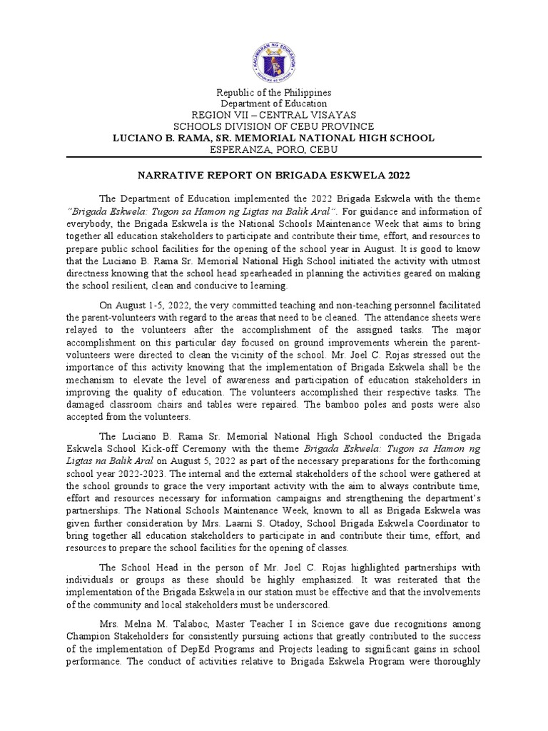 Narrative Report On Brigada Eskwela 2022 | PDF
