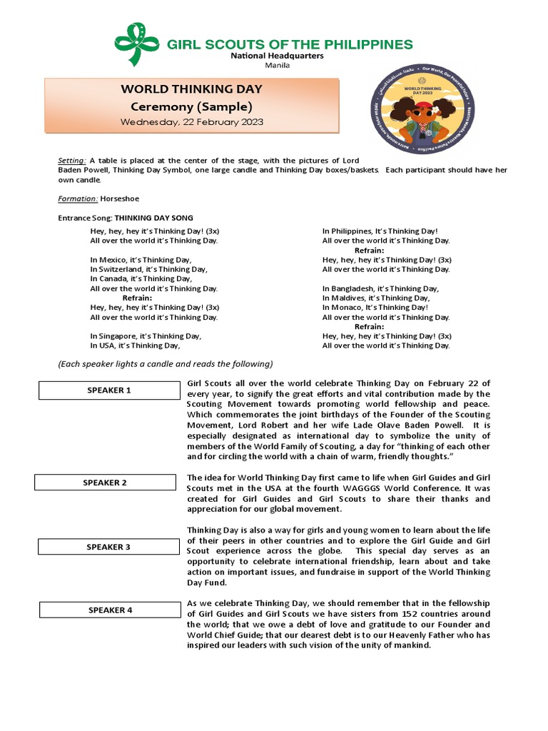 2023 Sample World Thinking Day Ceremony | PDF | Scouting | Girl Guiding ...