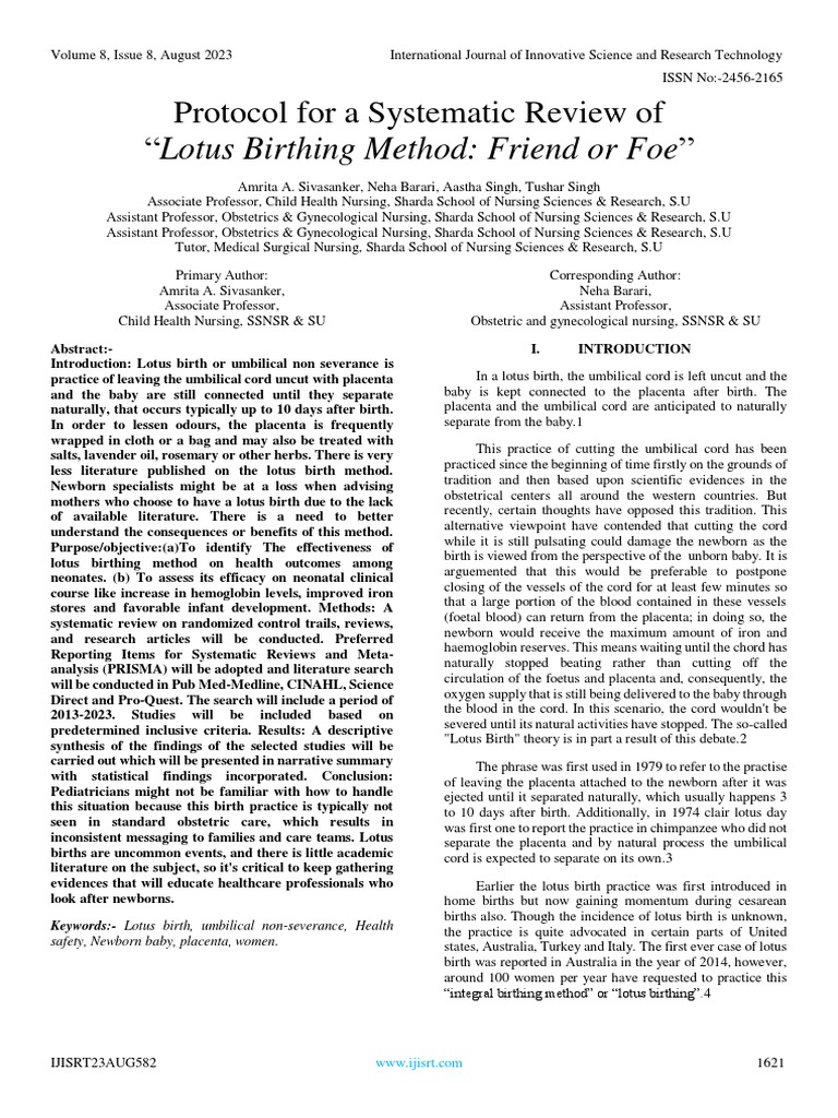 Protocol For A Systematic Review of "Lotus Birthing Method: Friend or ...