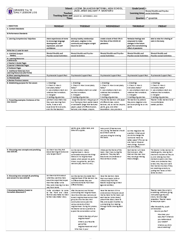 DLL Psycho Social Lesson Plan With Activities in Psychosocial Support ...