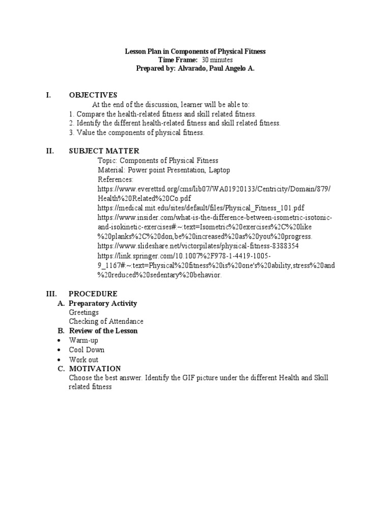 Lesson Plan in Components of Physical Fitness | PDF | Physical Fitness ...
