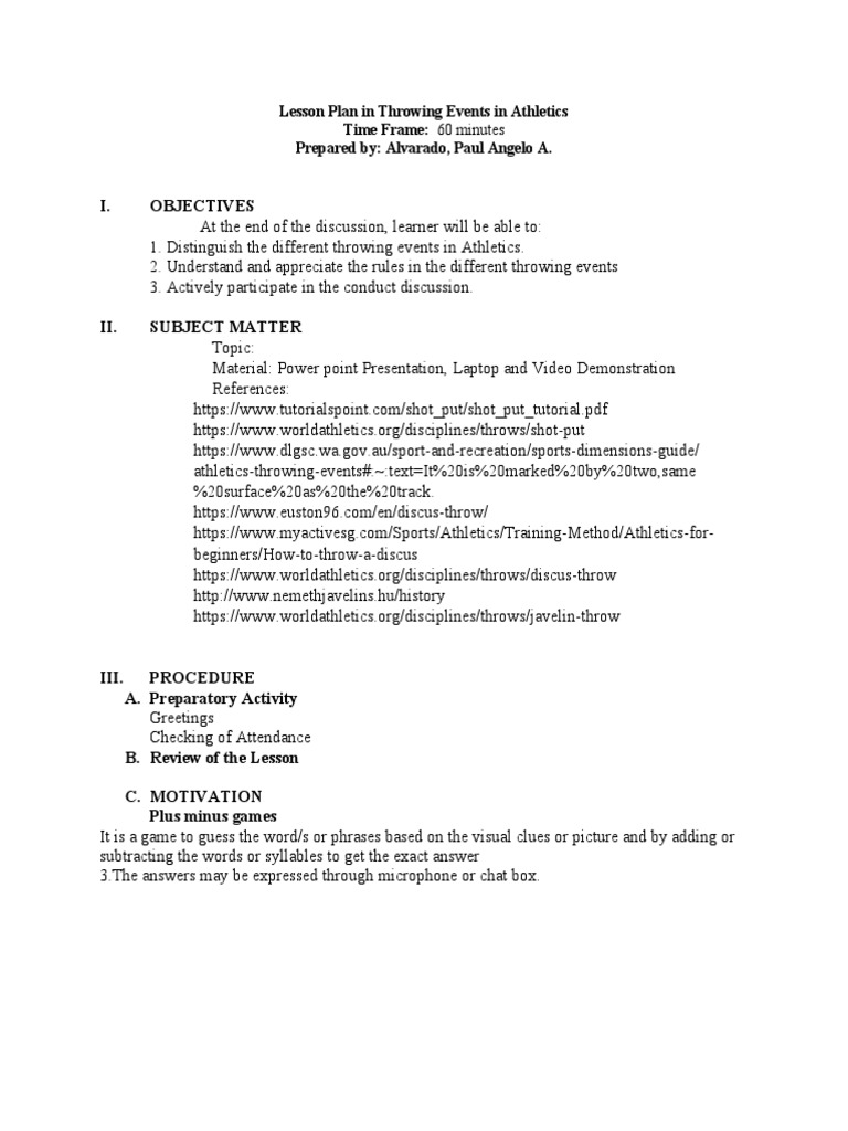Lesson Plan in Throwing Events in Athletics | PDF | Track And Field | Individual Sports