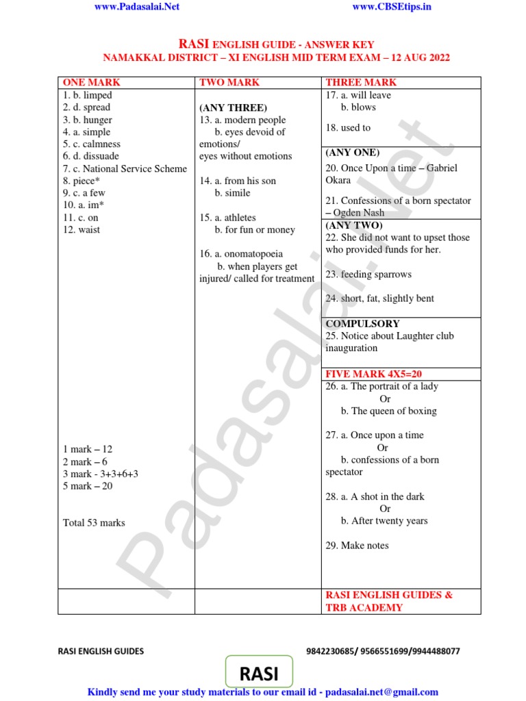 11th English 1st Mid Term Exam 2022 2023 Question Paper With Answer Key Namakkal District ...