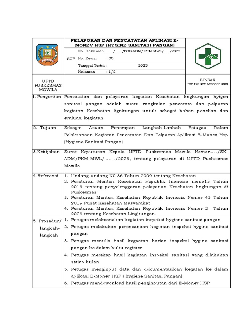 Sop Pelaporan Dan Pelaporan Aplikasi E-Monev HSP | PDF