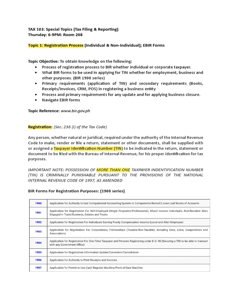 TAX 103-Topic 1 - Registration & EBIR Forms | PDF | Receipt | Invoice