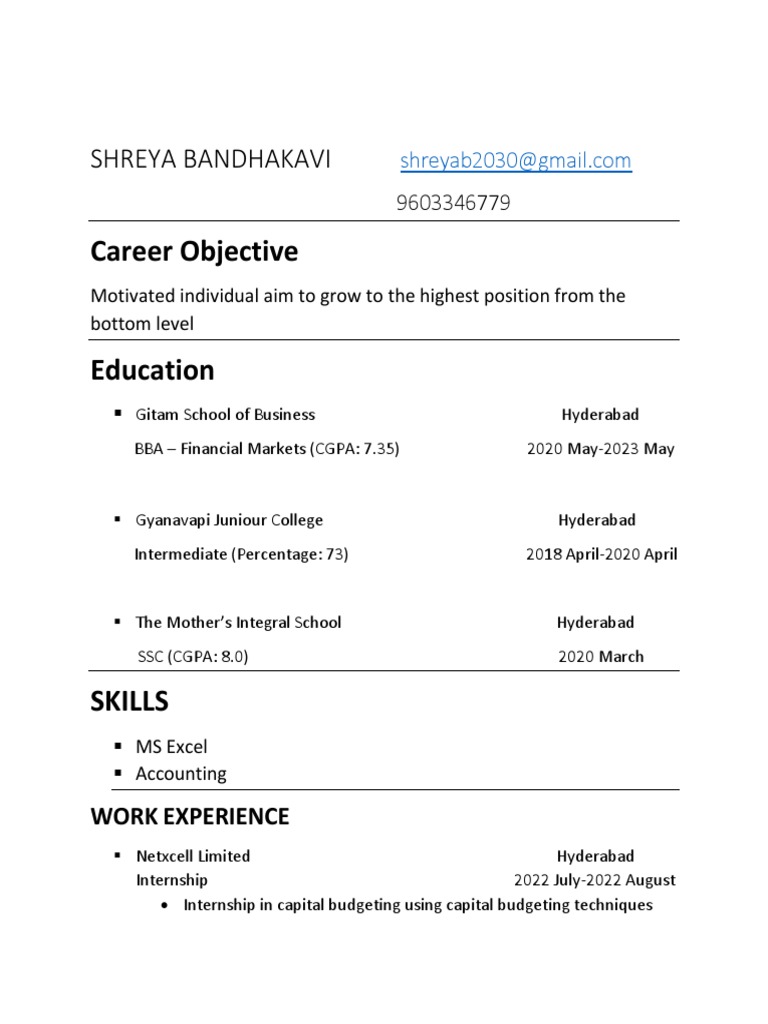 Shreya - Bandhakavi - Resume4 - Bandhakavi Shreya 222014101001 | PDF ...
