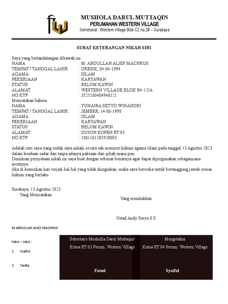 SURAT KETERANGAN NIKAH SIRI Mas Yus | PDF