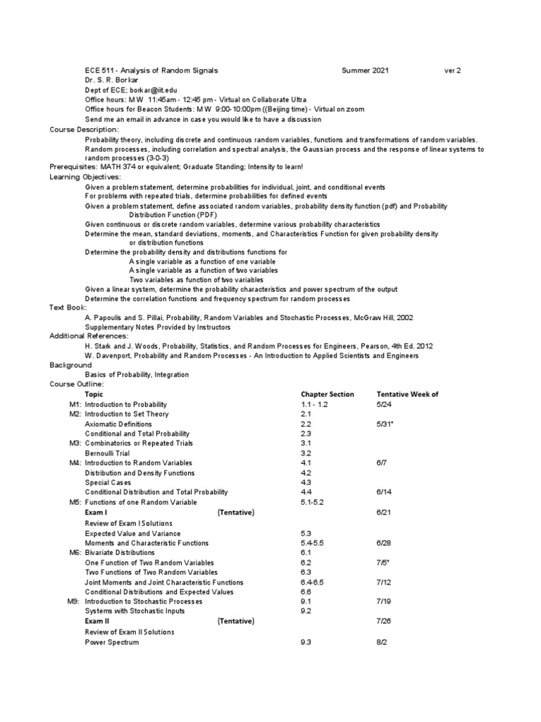 ECE 511 Summer Intro Ver 2 | PDF | Probability Distribution | Stochastic Process