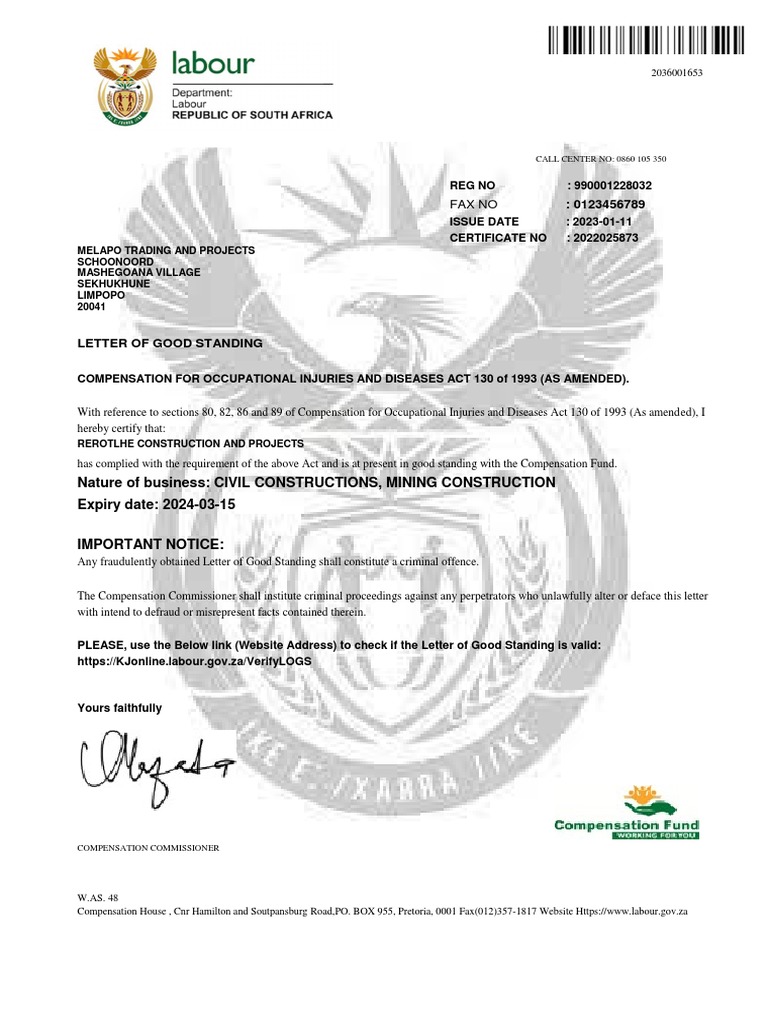 Letter of Good Standing - COIDA 2024 | PDF