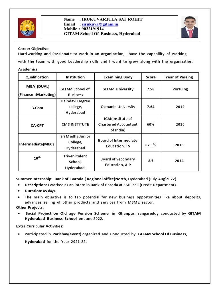SAI ROHIT-215 RESUME FOR PLACEMENT New 2023 - IRUKUVARJULA SAI ROHIT HP21MGMT0100215 | PDF ...