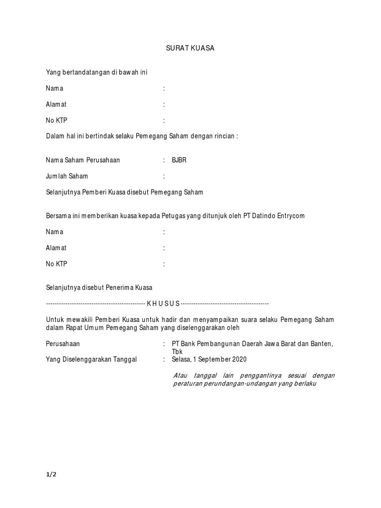 Surat Kuasa Rups Luar Biasa Tahun 2020 | PDF