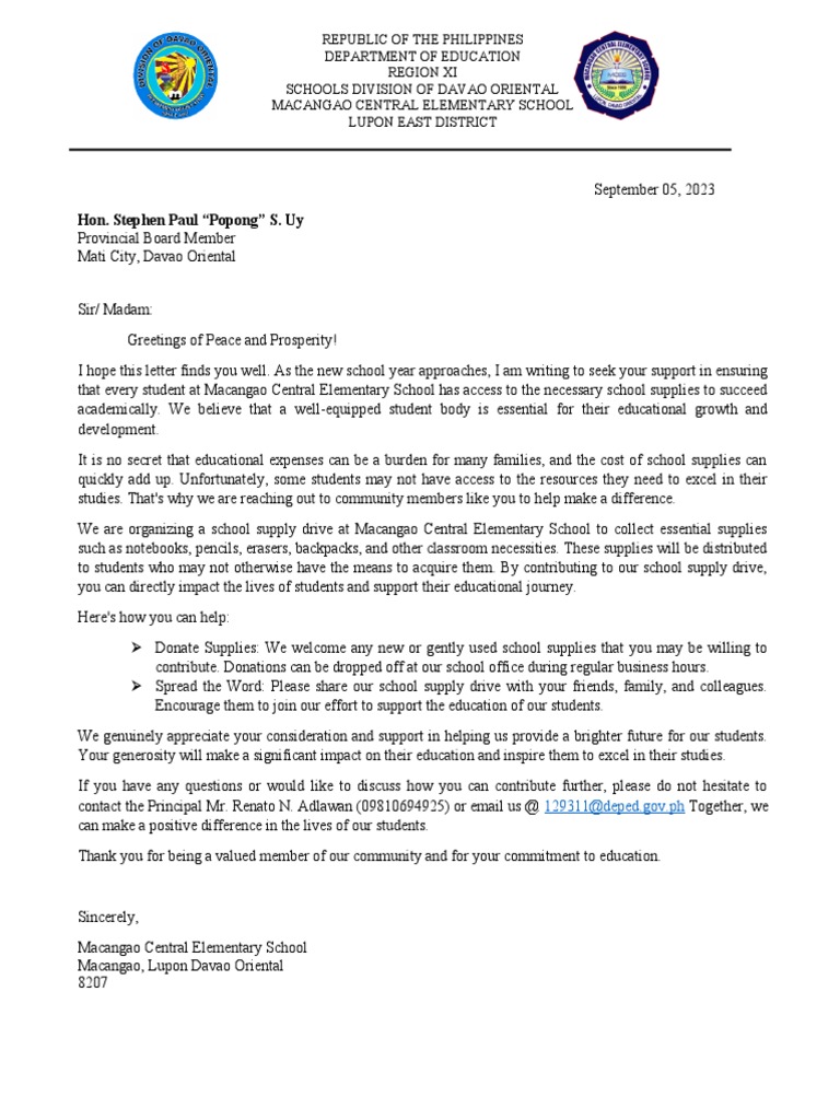 Letter For School Supplies | PDF