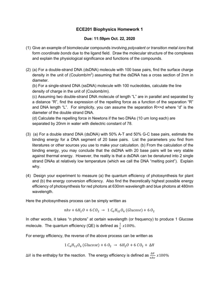 ECE201 Biophysics Homework 1 | PDF | Dna | Base Pair