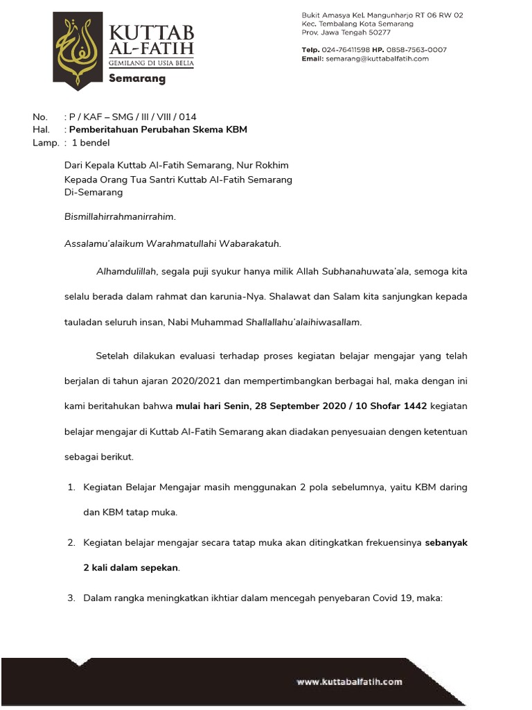 014 Surat Pemberitahuan Perubahan Jadwal KBM | PDF