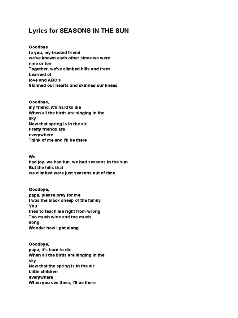 Lyrics For SEASONS IN THE SUN | PDF