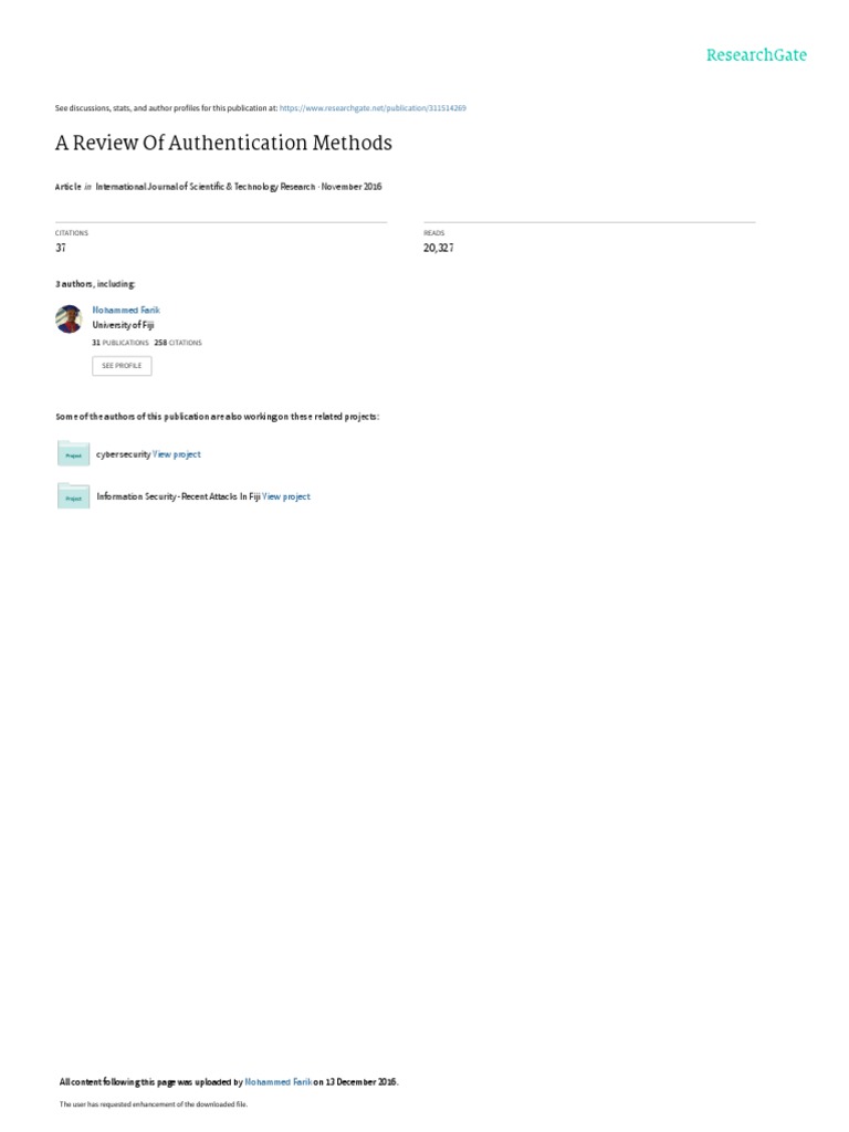Review of Authentication Methods | PDF | Password | Authentication