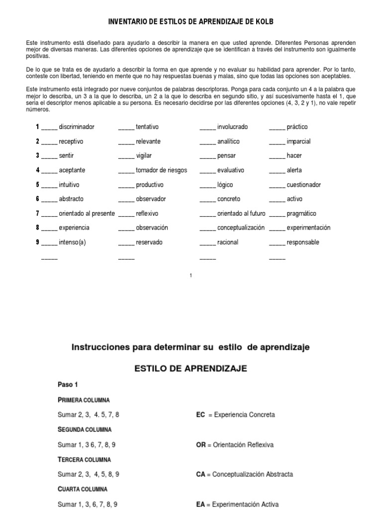 01 Inventario Estilos Aprendizaje Kolb | PDF | Aprendizaje | Experiencia