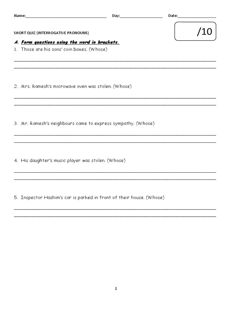 Interrogative Pronouns Quiz | PDF