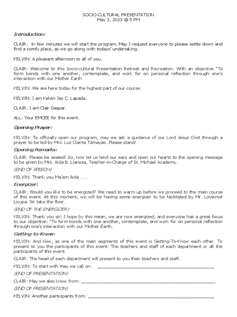 Script of EMCEE For RNR | PDF | Prayer