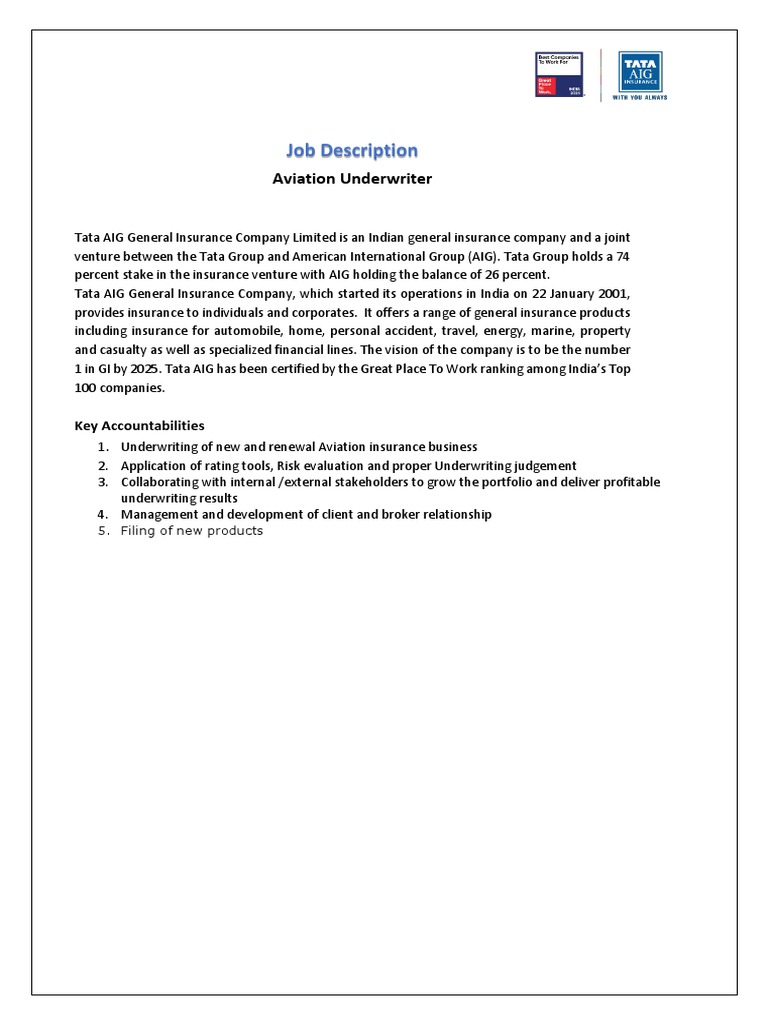 Job Description Aviation Underwriter | PDF