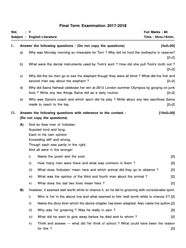 Icse Class 5 English Literature 2018 | PDF