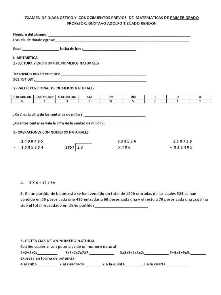 Examen Diagnóstico de Matemáticas 1° Grado | PDF | Métodos y materiales ...