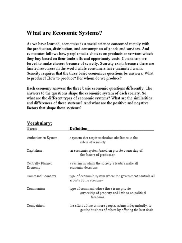 What Are Economic Systems?: Vocabulary | PDF | Economic System | Market ...
