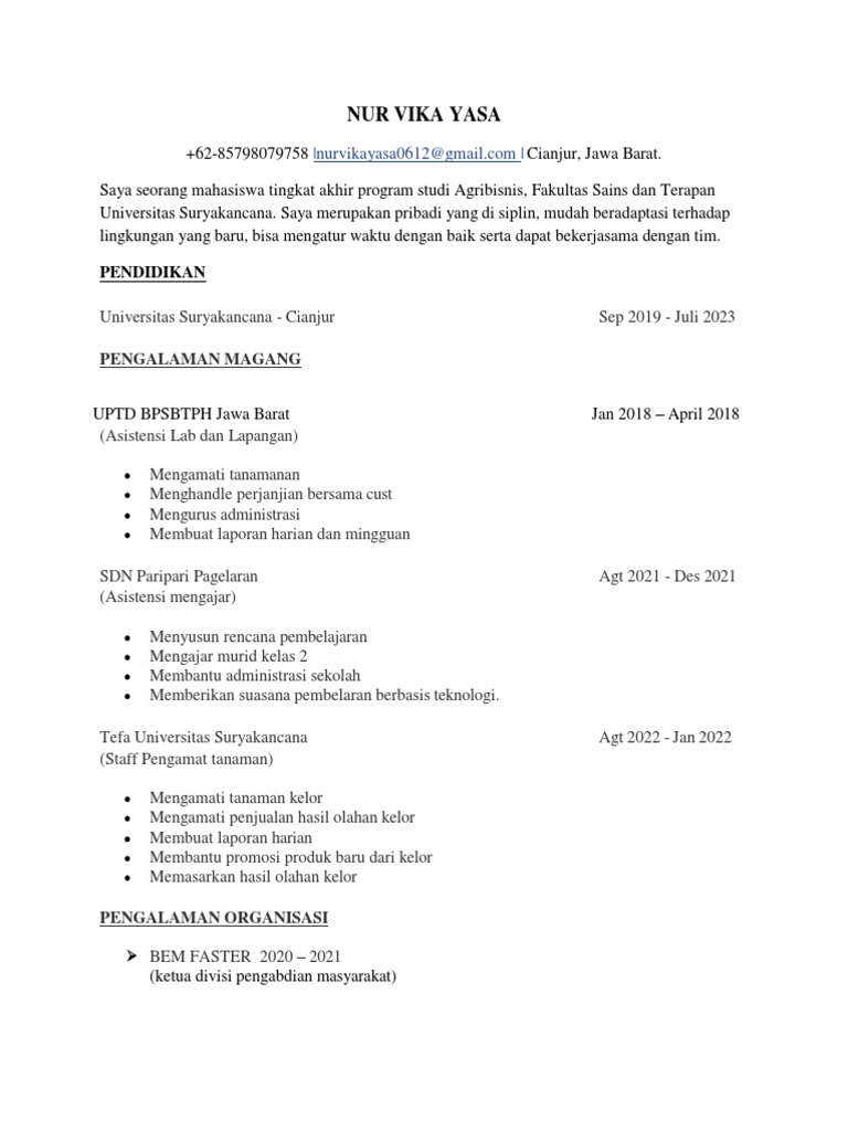 CV Nur Vika Yasa Untuk Kerja. | PDF