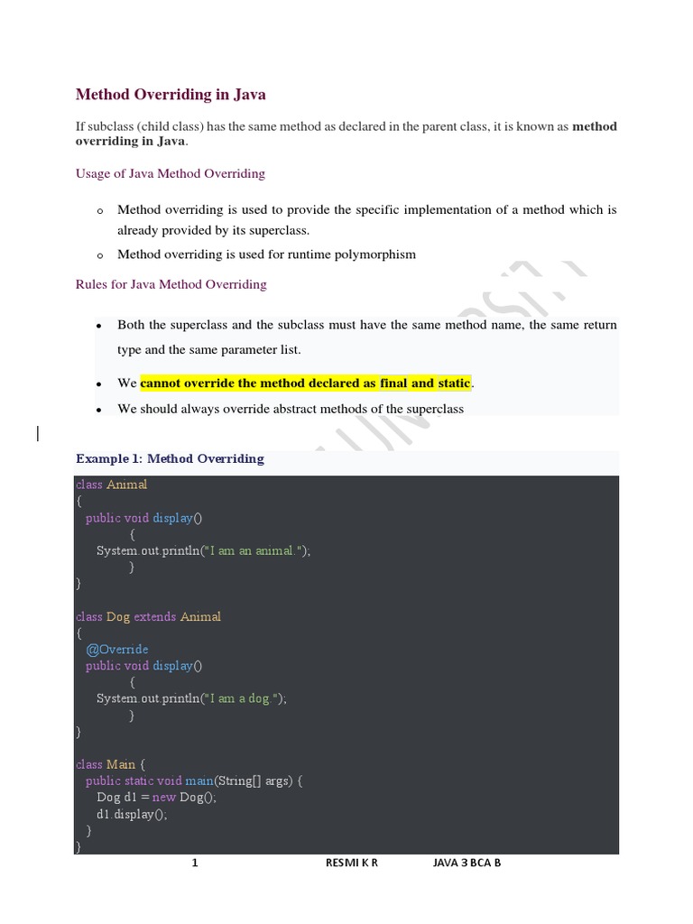 Java Method Overriding & Final Keyword | PDF | Method (Computer Programming) | Class (Computer ...