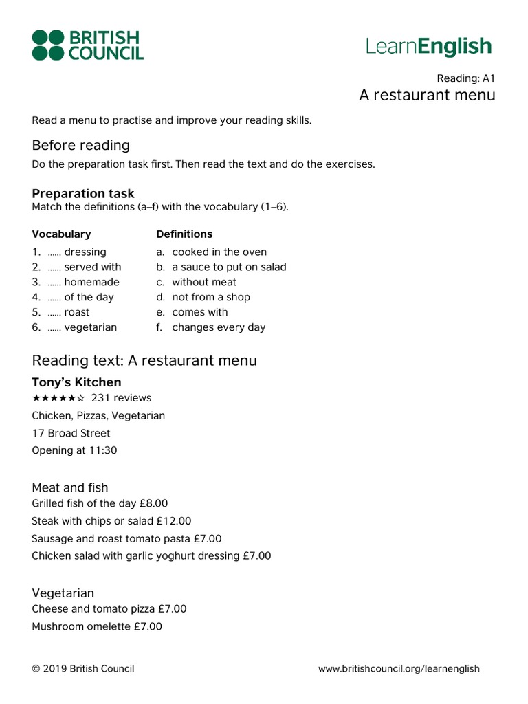 LearnEnglish Reading A1 A Restaurant Menu 1 2 | PDF