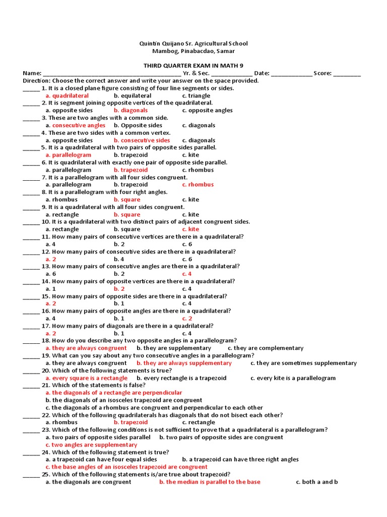 NORMAN-3rd Quarter Math 9 With Answer Key | PDF | Rectangle | Geometric Shapes