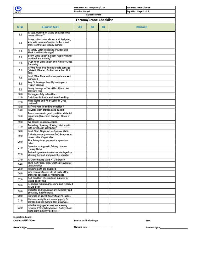Farana Checklist | PDF | Crane (Machine) | Truck