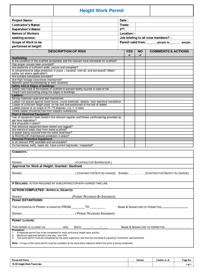 Height Work Permit | PDF