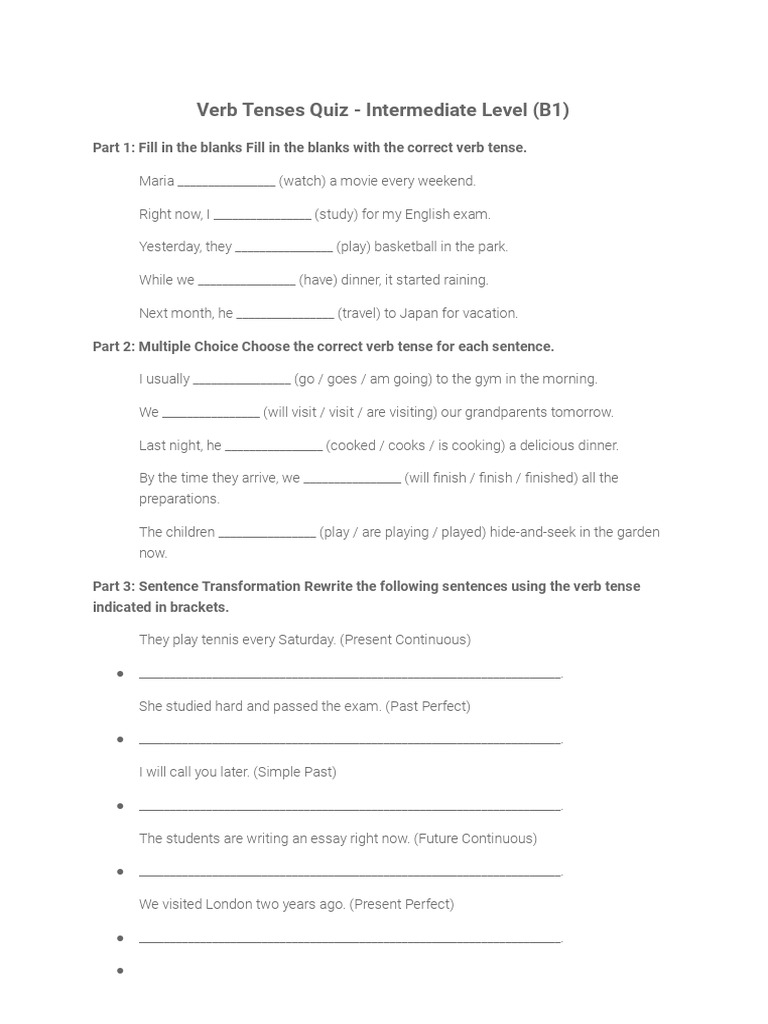 Tenses Quiz - B1 | PDF | Grammatical Tense | Language Families