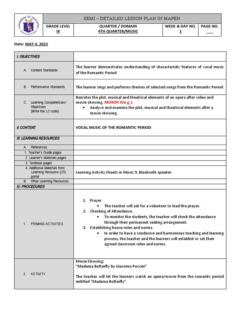 Grade IX MAPEH Lesson Plan: Romantic Music | PDF | Art