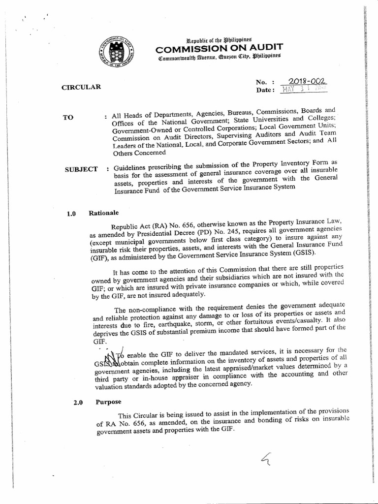 COA Circular No. 2018 002 PROPERTY INVENTORY | PDF | Insurance ...