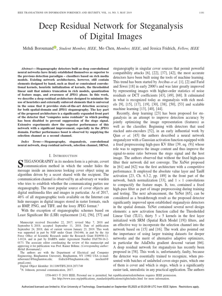 Deep Residual Network For Steganalysis of Digital Images | PDF | Deep Learning | Algorithms