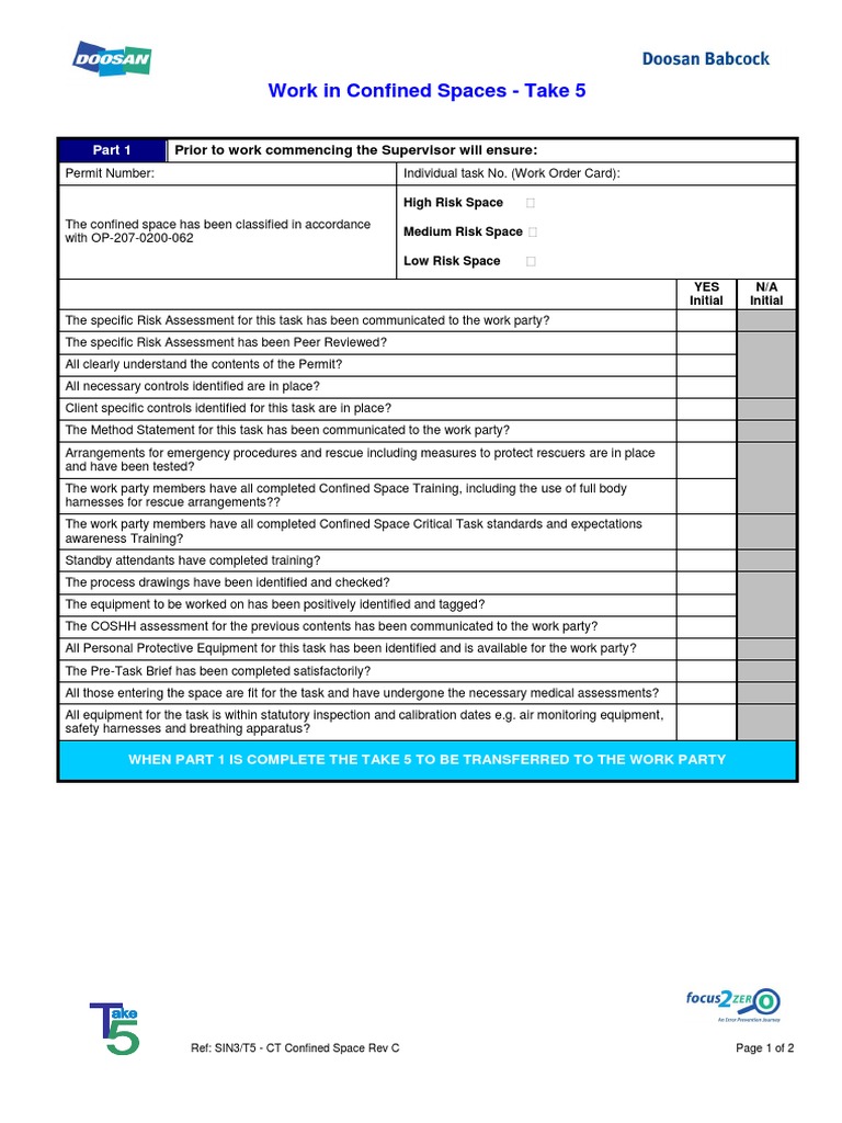 Work in Confined Spaces - Take 5 Rev C Final | PDF | Risk Assessment ...