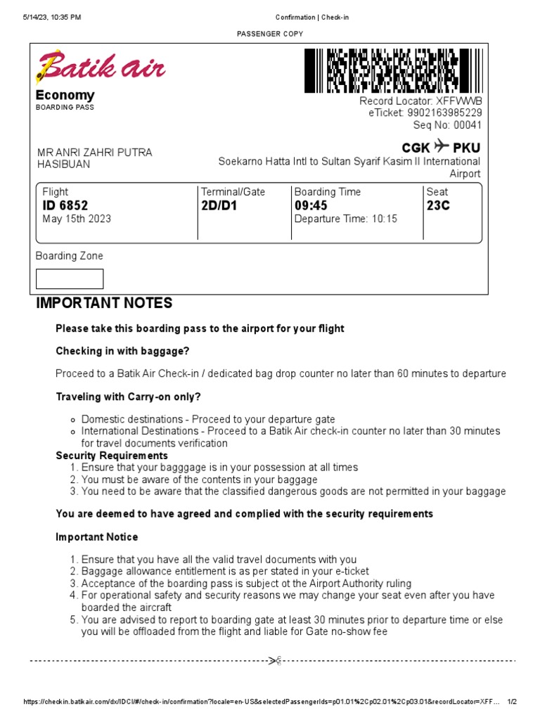 Confirmation Check-In Anri | PDF